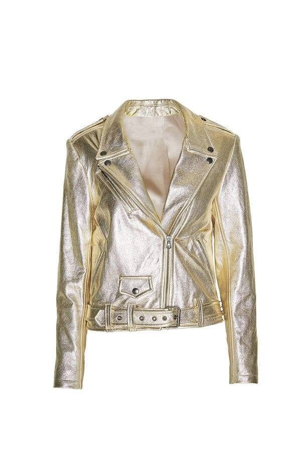 Women's Light Gold Metallic Foil Solid Casual Motorcycle Biker Leather ...