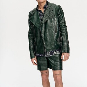 Men's Green Croc Embossed Effect Motorcycle Biker Leather Jacket, Men's Green Biker Leather ...
