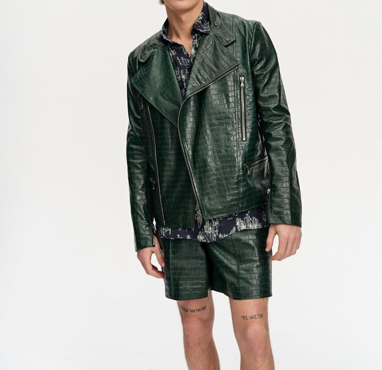 Men's Green Croc Embossed Effect Motorcycle Biker Leather Jacket, Men's ...