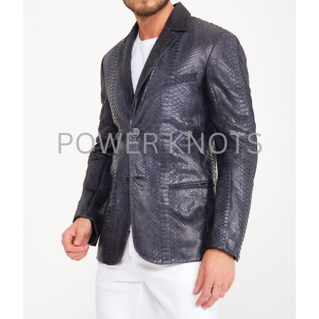 Men's Black Python Embossed Business Leather Coat, Men's Black Python ...