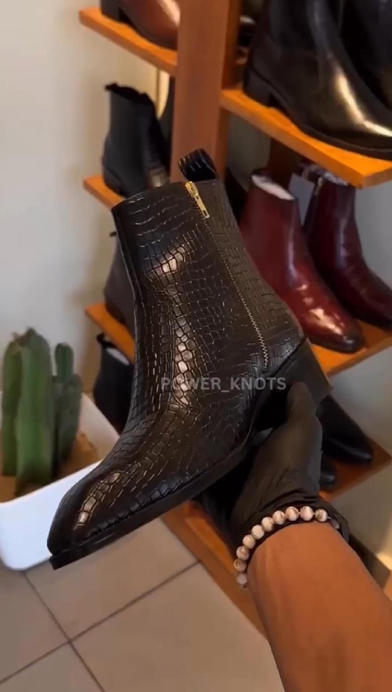 Men's Handmade Italian Black Snake Anaconda Textured Skin Square Toe ...
