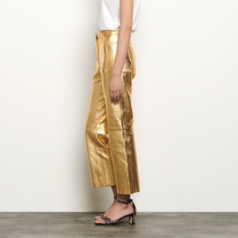 Women's Gold Metallic Foil Tailored Flared Western Leather Trousers ...