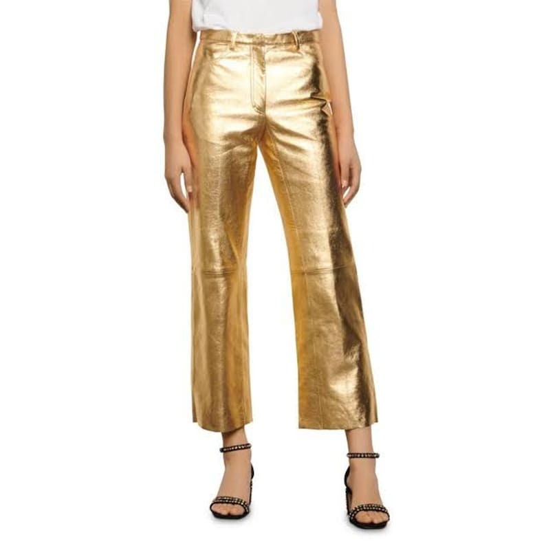 Women's Gold Metallic Foil Tailored Flared Western Leather Trousers ...