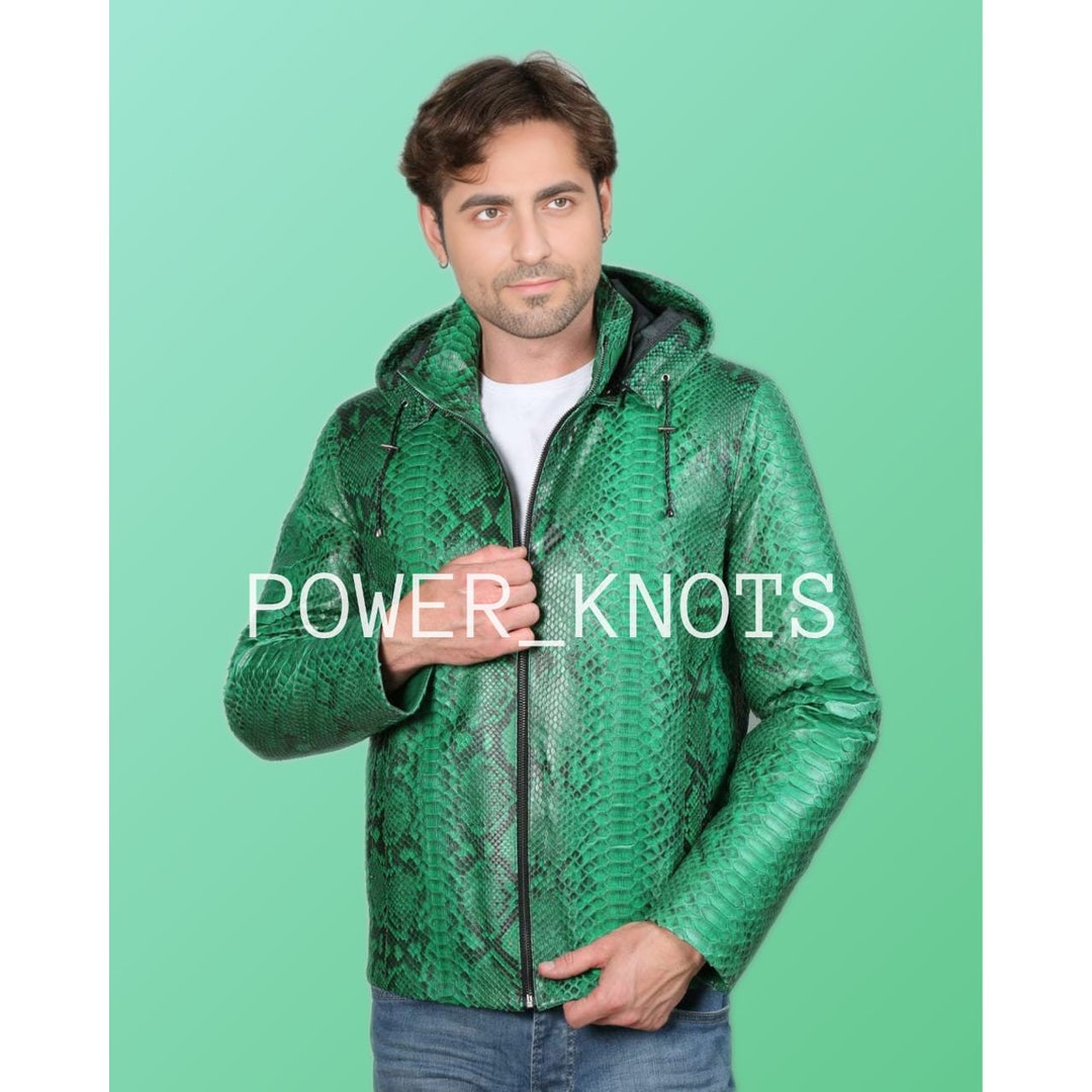 Men's Green Python Embossed Effect Hooded Leather Jacket, Men's Green ...