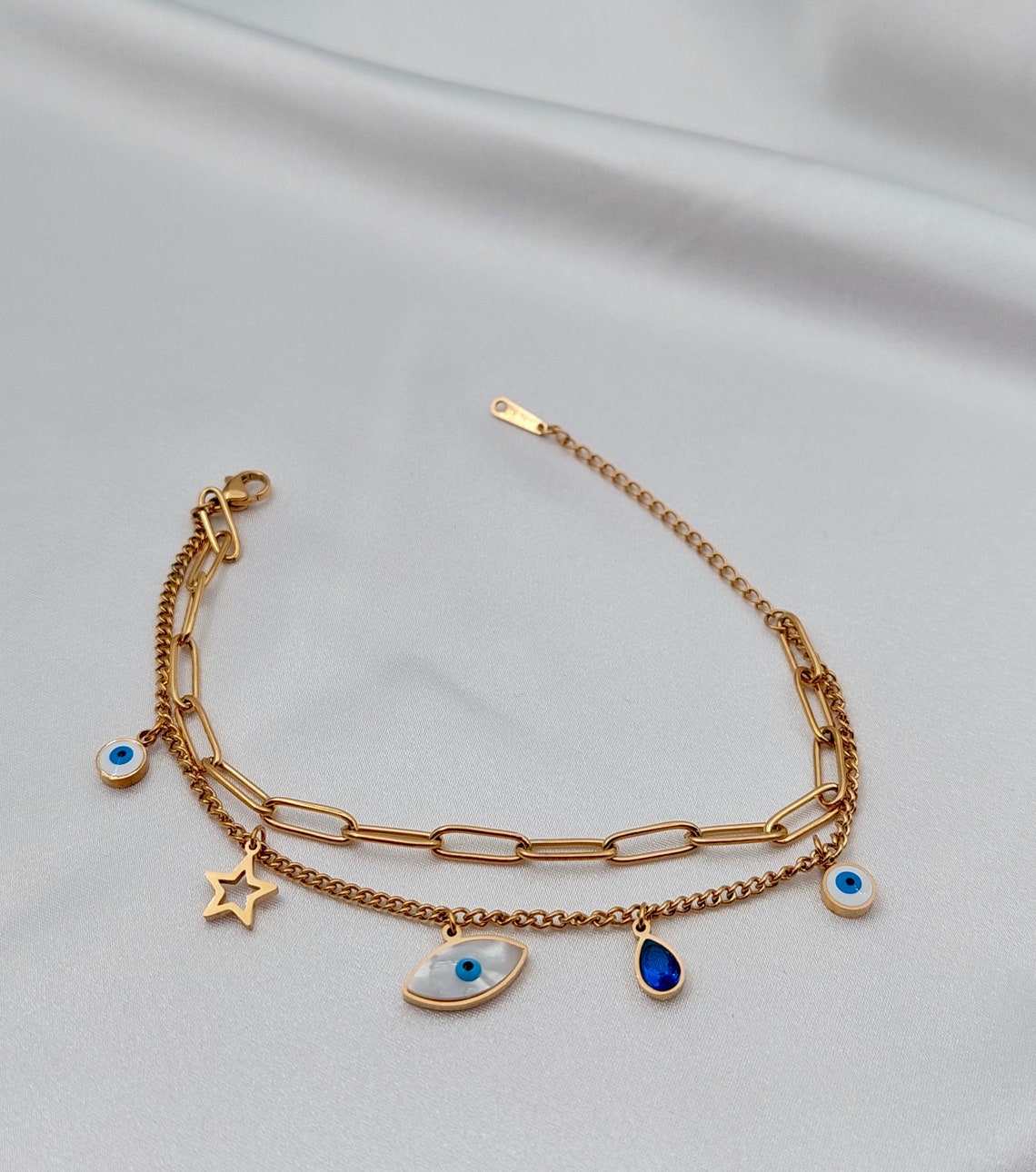 Evil Eye Bead Pattern Stainless Steel Gold Bracelet, Gold Leaf Pattern ...