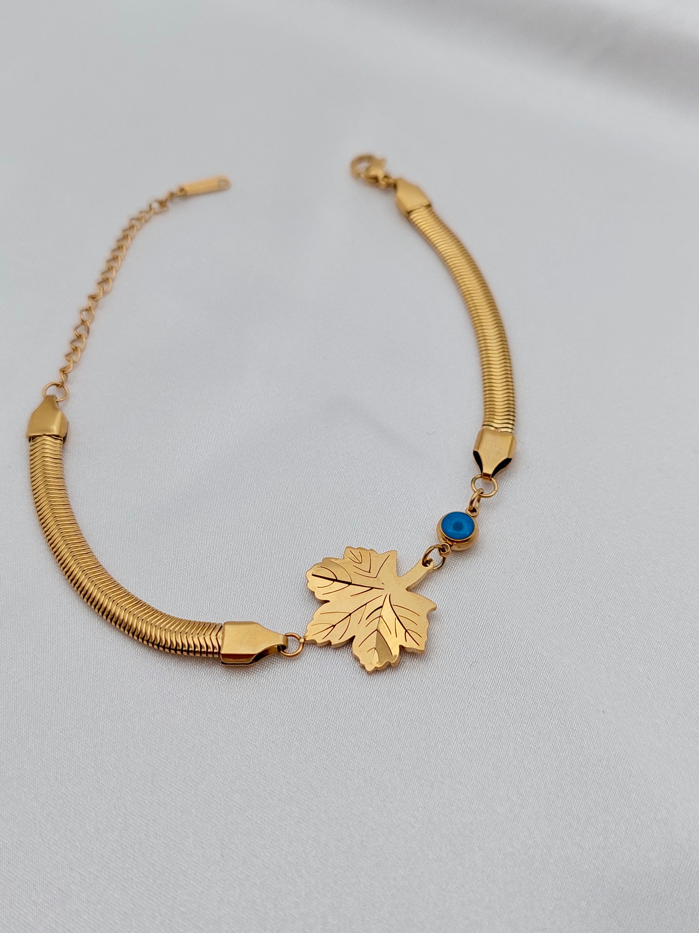 Evil Eye Bead Pattern Stainless Steel Gold Bracelet, Gold Leaf Pattern ...