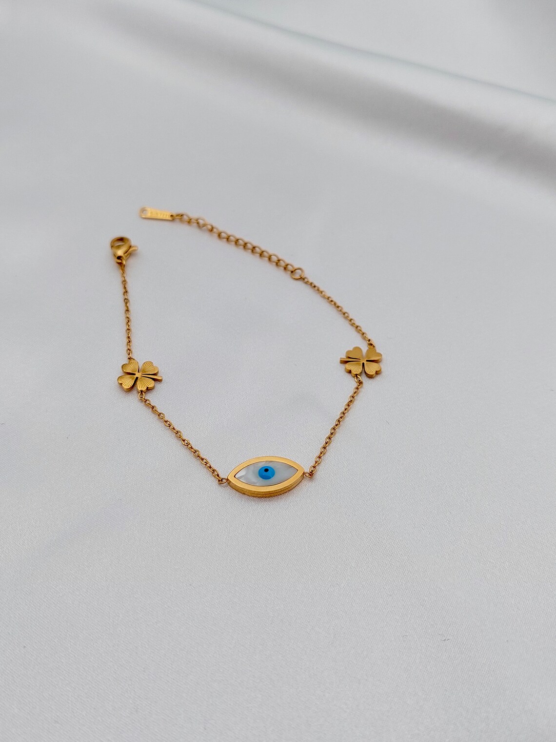 Evil Eye Bead Pattern Stainless Steel Gold Bracelet, Gold Leaf Pattern ...
