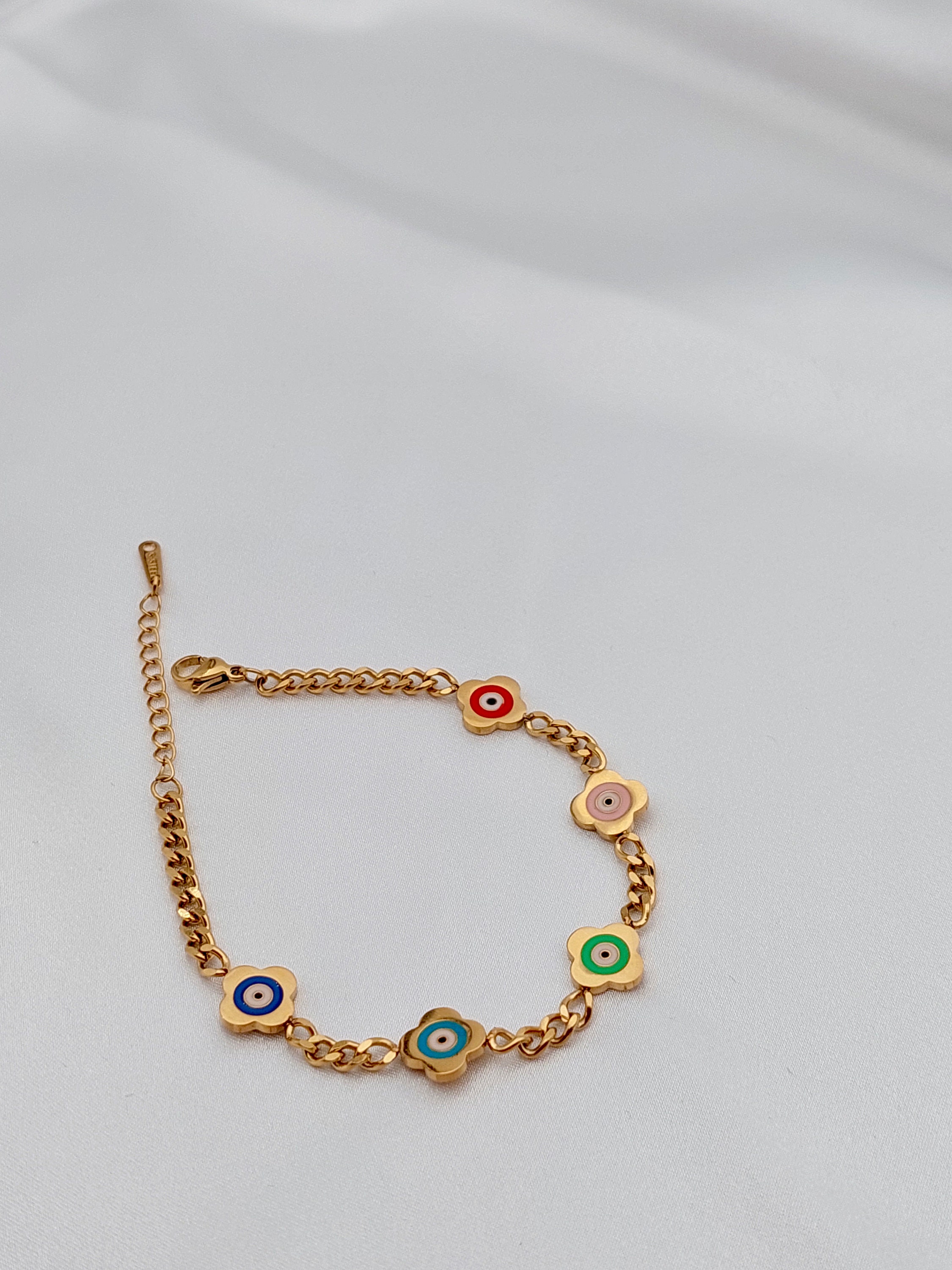 Evil Eye Bead Pattern Stainless Steel Gold Bracelet, Gold Leaf Pattern ...