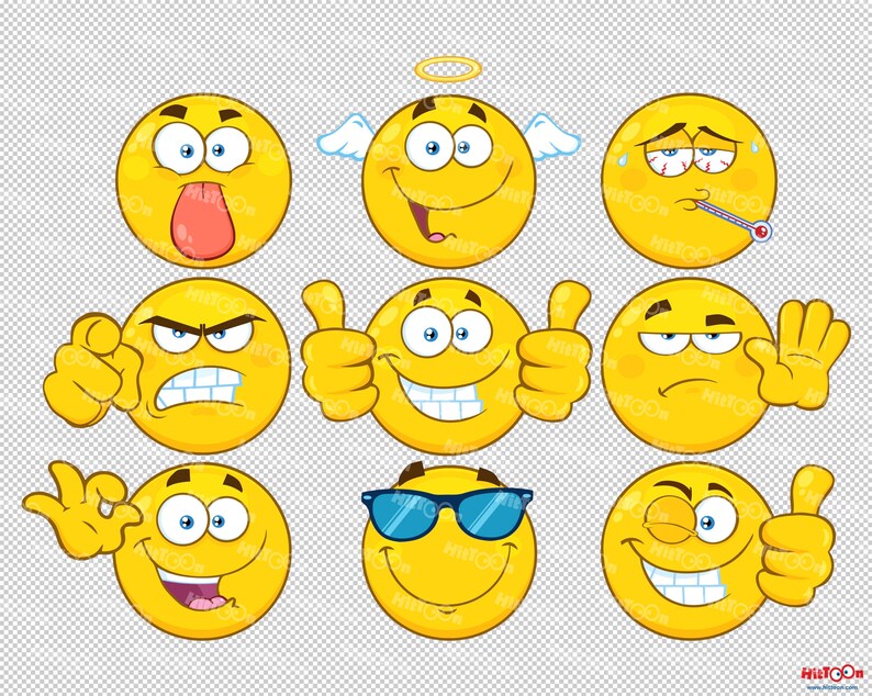9 Cartoon Emoji Smiley Faces 2. Digital Clip Art Vector Graphic ...