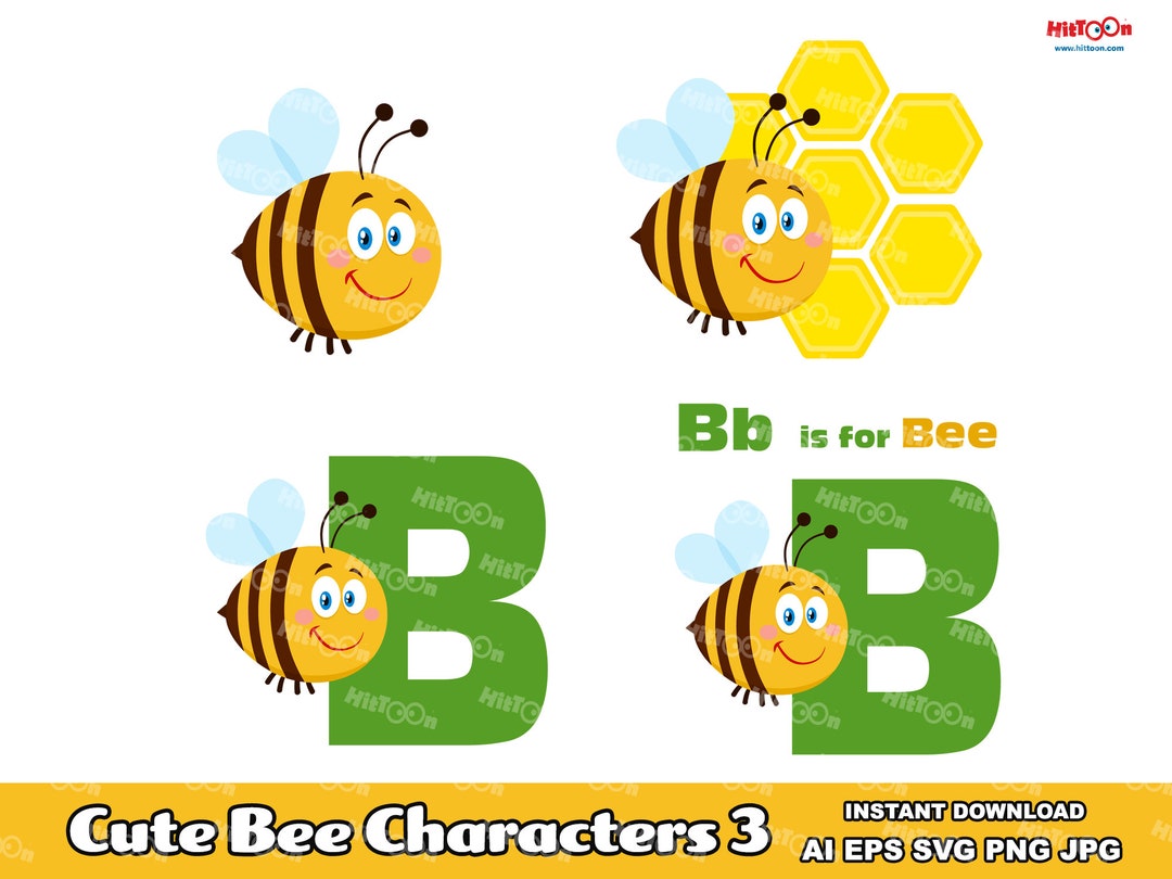 Cute Bee Cartoon Mascot Characters 3. Digital Clip Art Vector Graphic ...