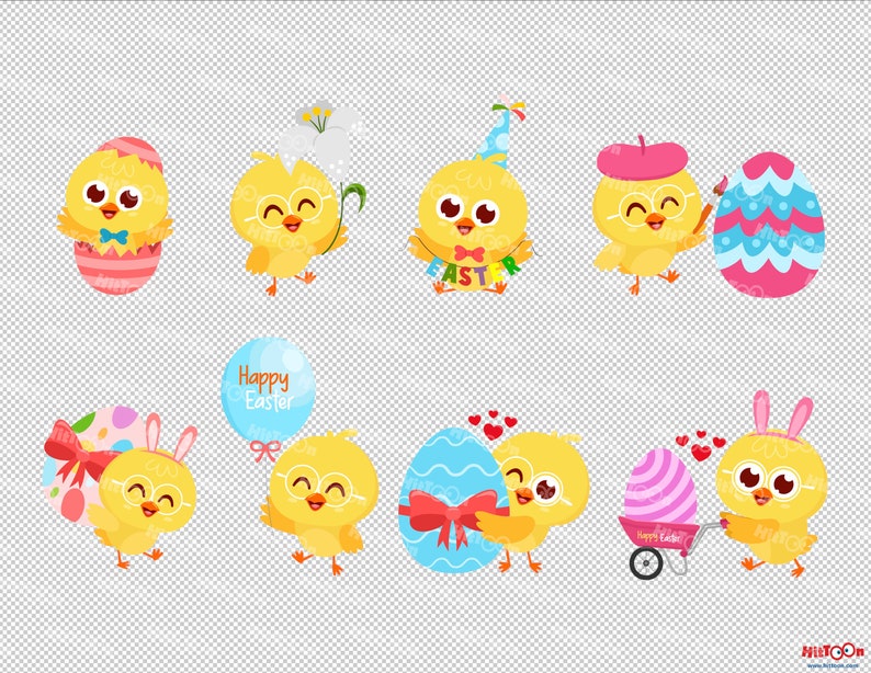 8 Cute Easter Chick Cartoon Clipart. Flat Design. Vector Graphic ...
