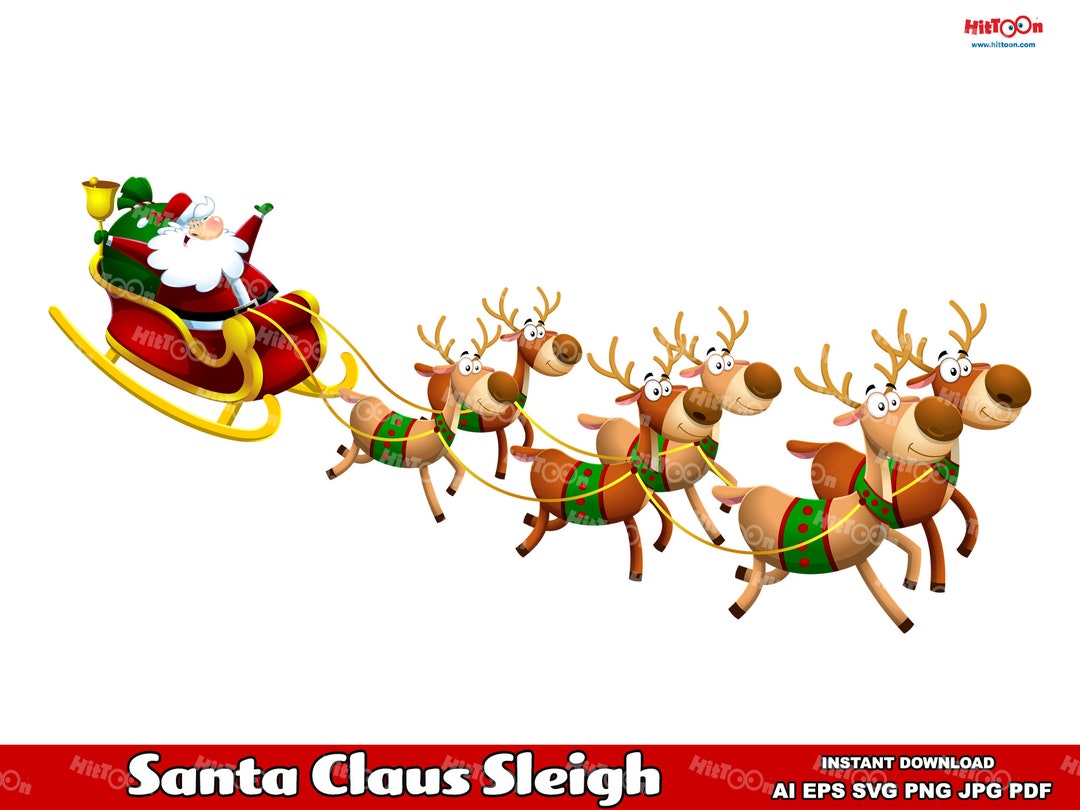 Santa Claus Sleigh Cartoon Clipart. Hand Drawn Digital Clip Art. Vector ...