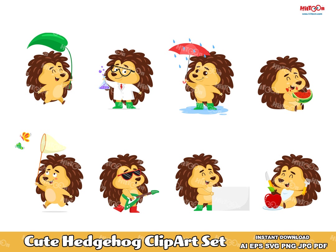 8 Cute Hedgehog Clipart Set. Flat Design. Digital. Vector Graphic ...