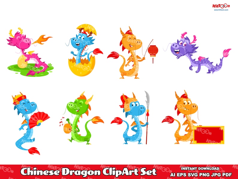 Cute Chinese Dragon Clipart Set. Digital Clip Art. Vector Graphic ...