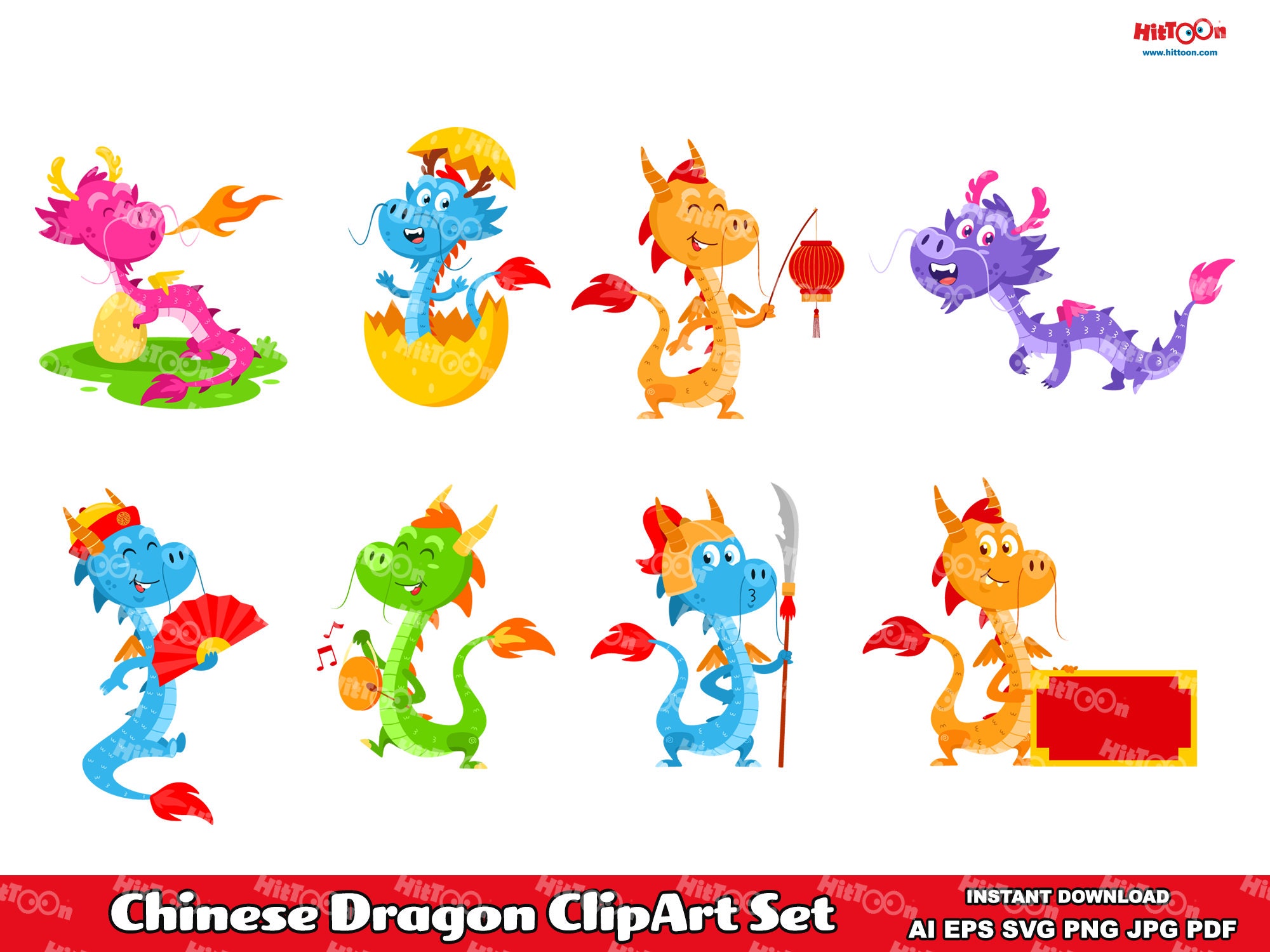 Cute Chinese Dragon Clipart Set. Digital Clip Art. Vector Graphic ...