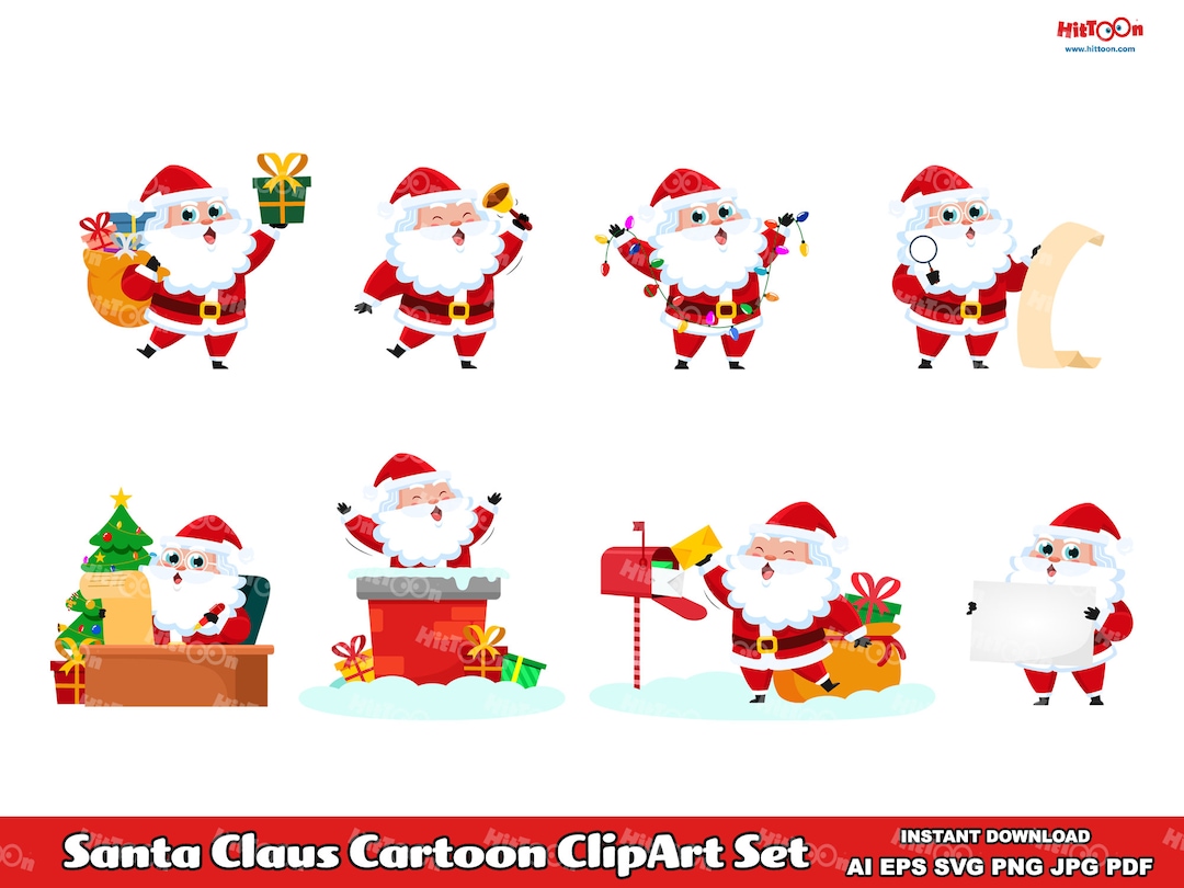 Santa Claus Cartoon Clipart Set. Digital Clip Art Vector Graphic ...