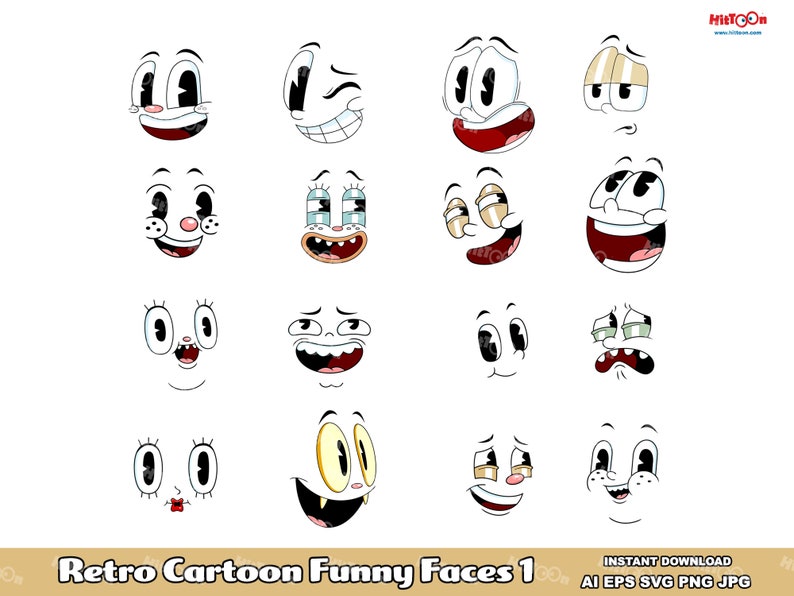 Retro Cartoon Funny Faces 1. Digital Clip Art Vector Graphic ...