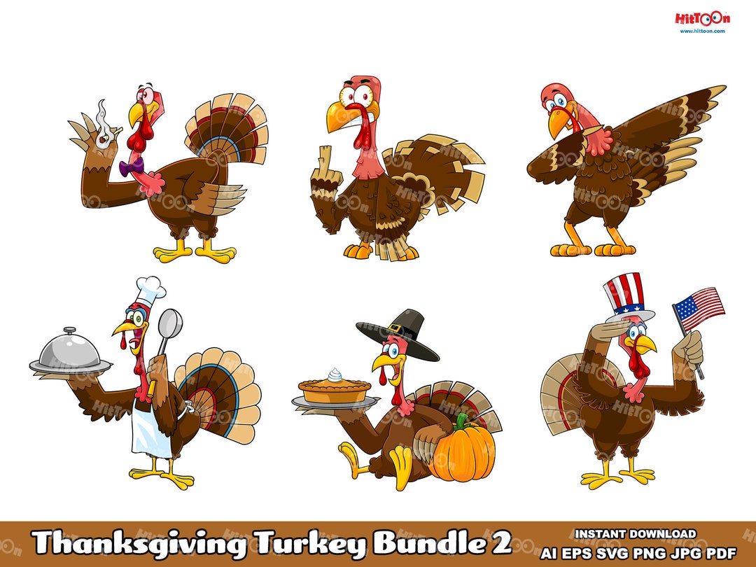 6 Thanksgiving Turkey Characters 2. Digital Clip Art Vector Graphic ...