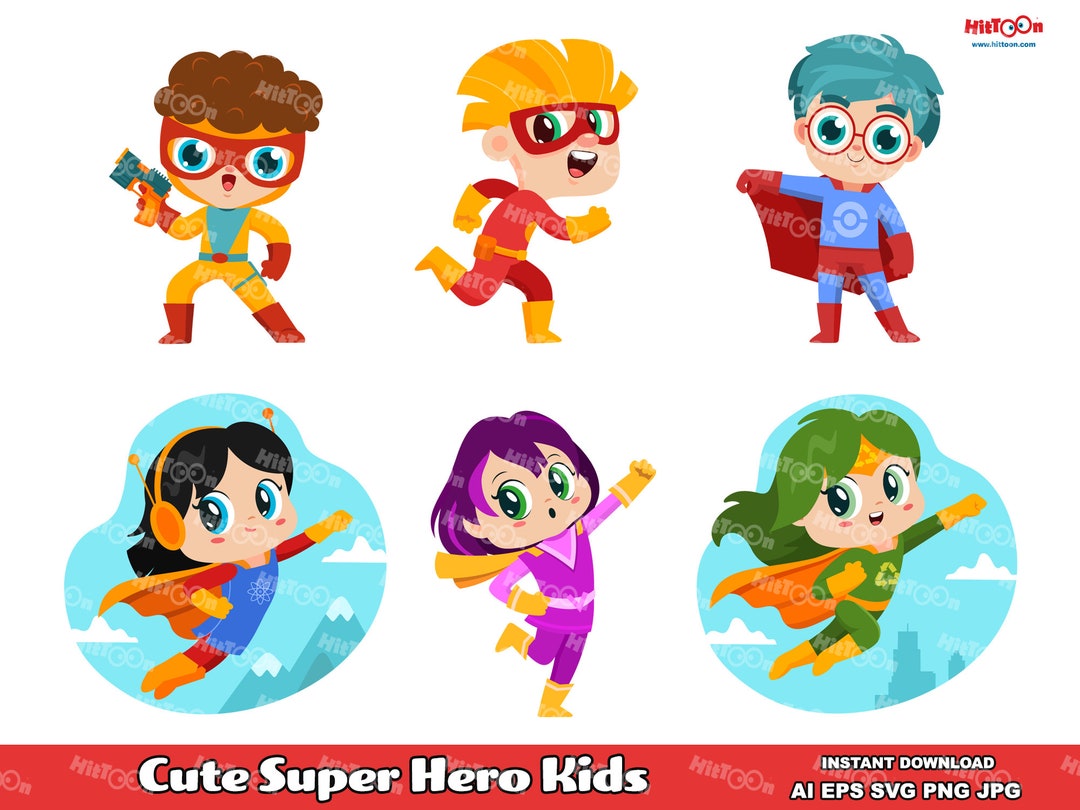 Superhero Kids Clipart: Cartoon Vector Graphics (free Commercial Use ...