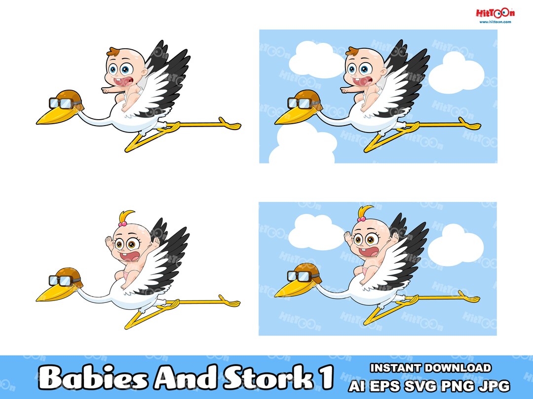 Cute Babies Flying on Stork Cartoon Characters. Clip Art Vector Graphic ...