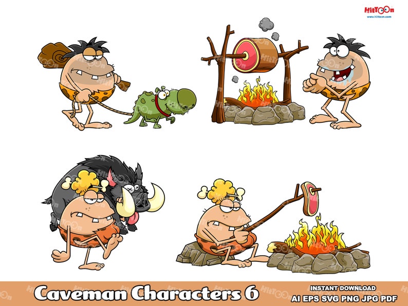 Caveman Cartoon Characters 6. Digital Clip Art Vector Graphic ...