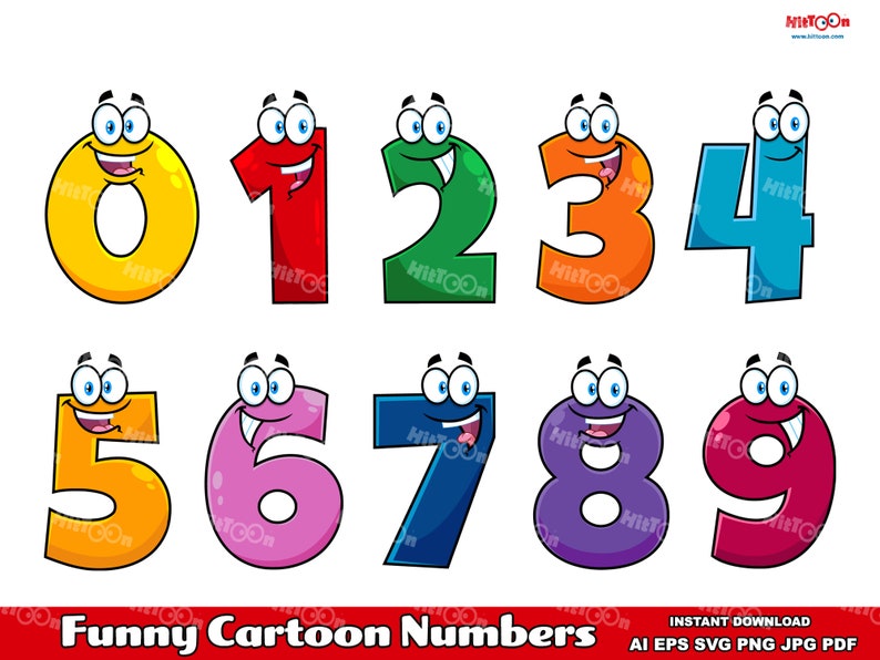 10 Funny Cartoon Numbers - Digital Vector Graphic Illustrations - Ai ...