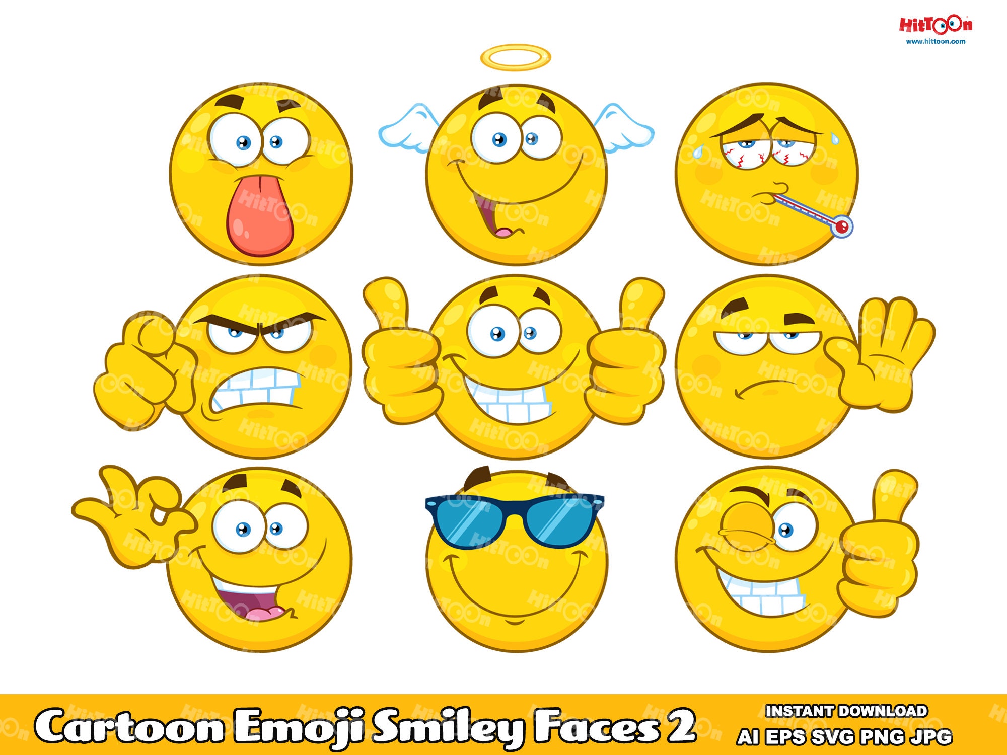 9 Cartoon Emoji Smiley Faces 2. Digital Clip Art Vector Graphic ...