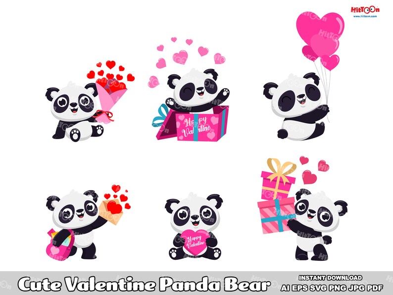 6 Cute Valentine Panda Bear Clipart. Flat Design. Vector Graphic ...