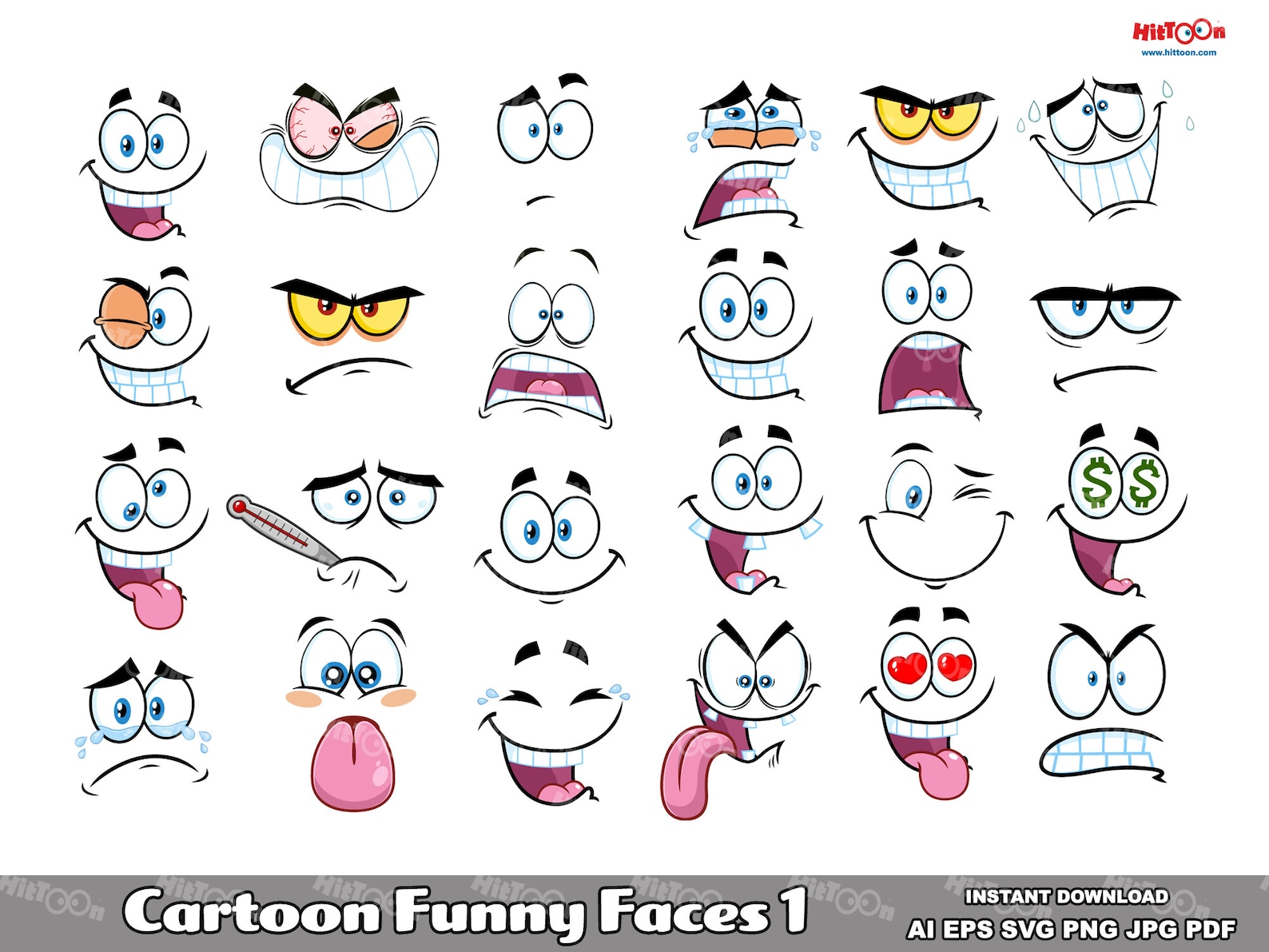 Cartoon Funny Faces 1. Hand Drawn Digital Clip Art. Vector Graphic ...