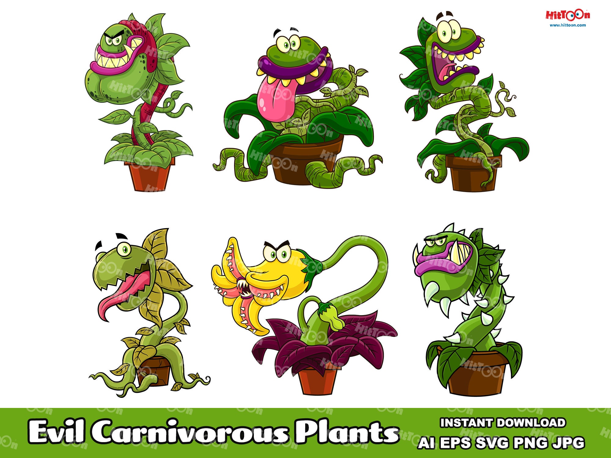 Evil Carnivorous Plants Cartoon Characters. Digital Clip Art Vector ...