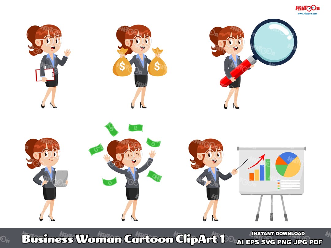 6 Business Woman Cartoon Clipart - Flat Design - Vector Graphic Bundle ...