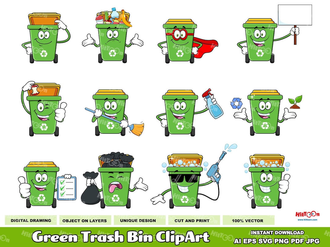 Green Trash Bin Clipart – Cartoon Garbage Bin Characters – Free ...