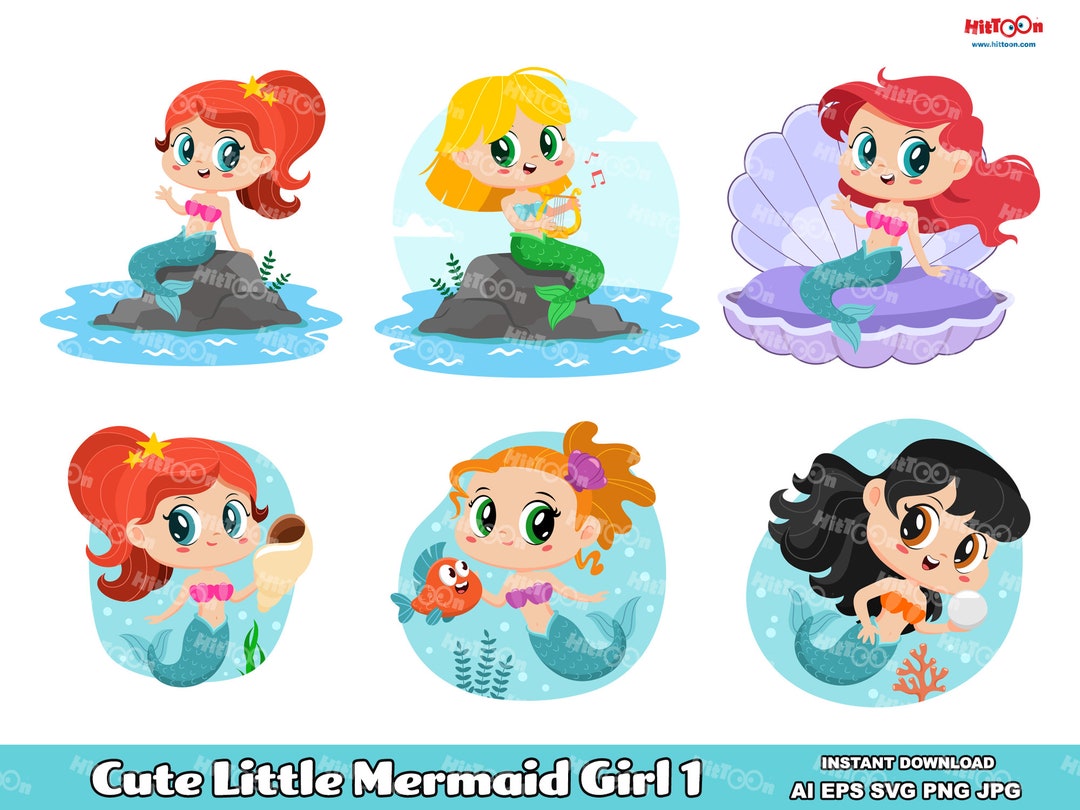Cute Little Mermaid Girls - Digital Clipart Vector Graphic Bundle - Ai ...