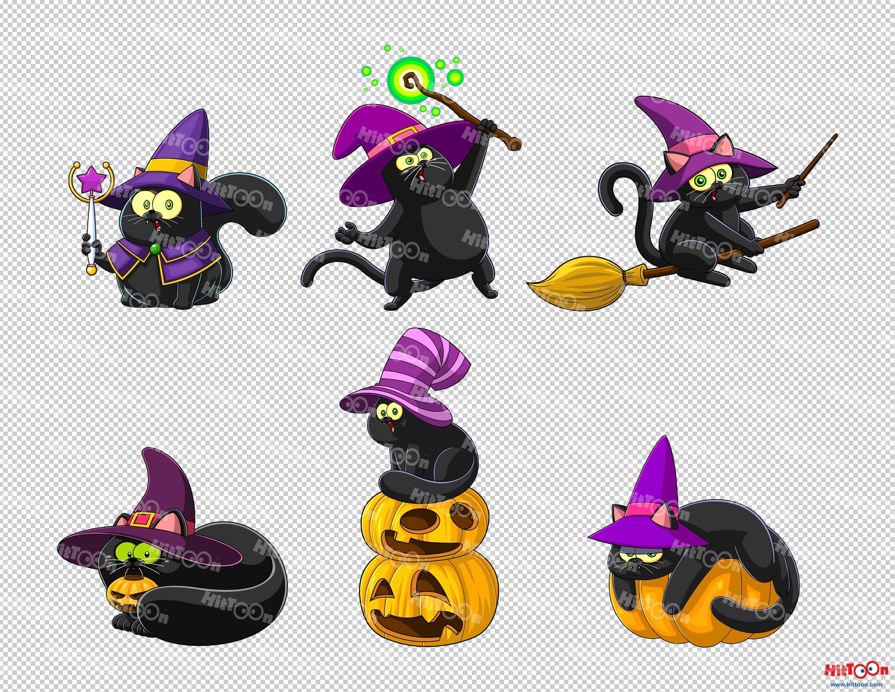 Halloween Witch Black Cat Clipart Set: Vector Graphics (commercial Use ...