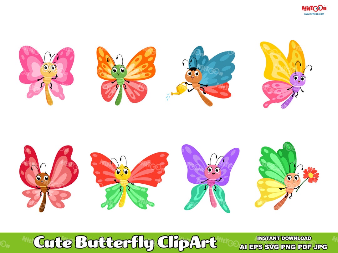 Cute Butterfly Cartoon Clip Art. Vector Graphic Illustrations Bundle ...