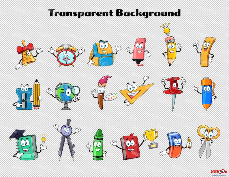 School Supplies Cartoon Clipart: Hand-drawn Vector Graphics (commercial ...