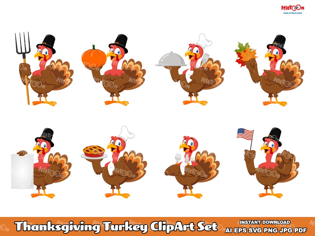 8 Thanksgiving Turkey Clipart Set - Digital Clipart Vector Graphic ...