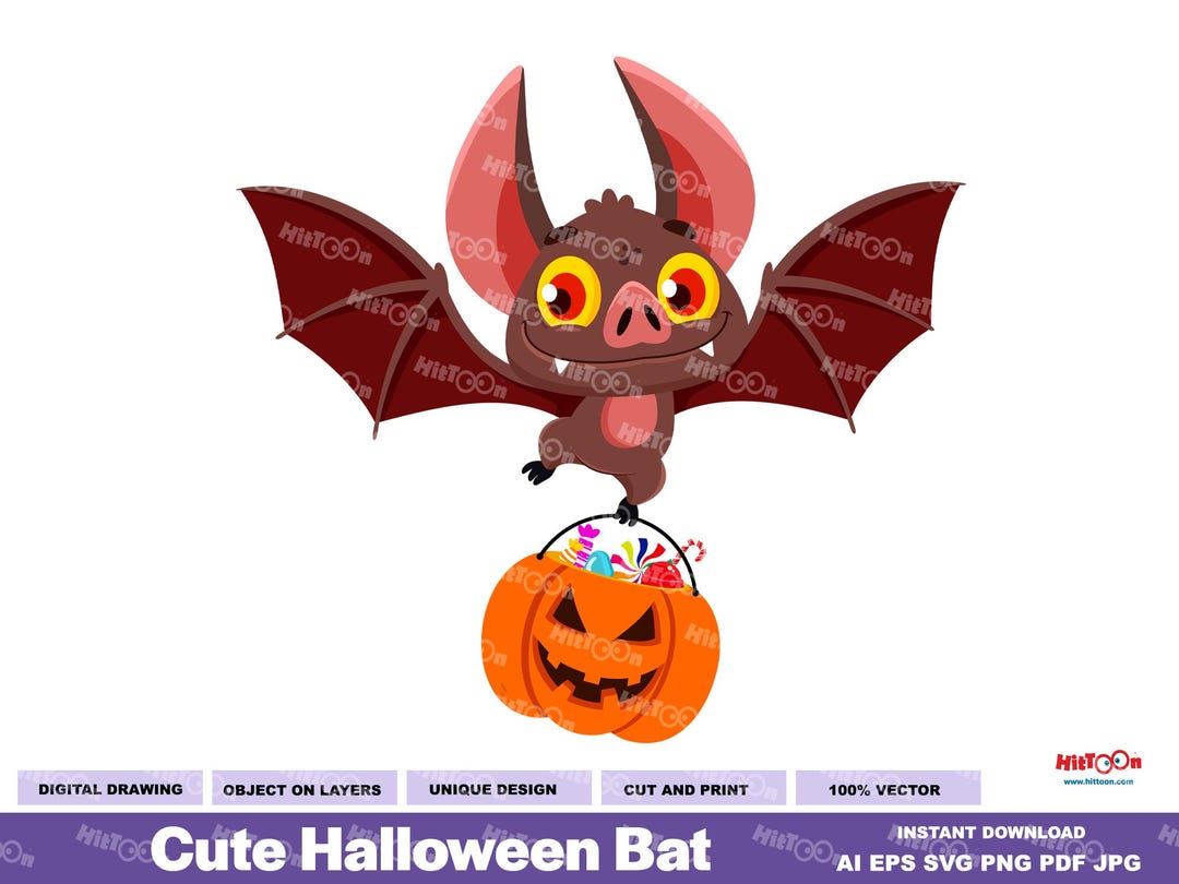 Cute Halloween Bat Cartoon Clipart - Vector Graphic Illustrations - Ai ...