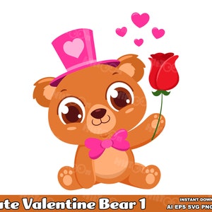 Cute Valentine Bear Cartoon Clipart 1. Flat Design. Vector Graphic ...