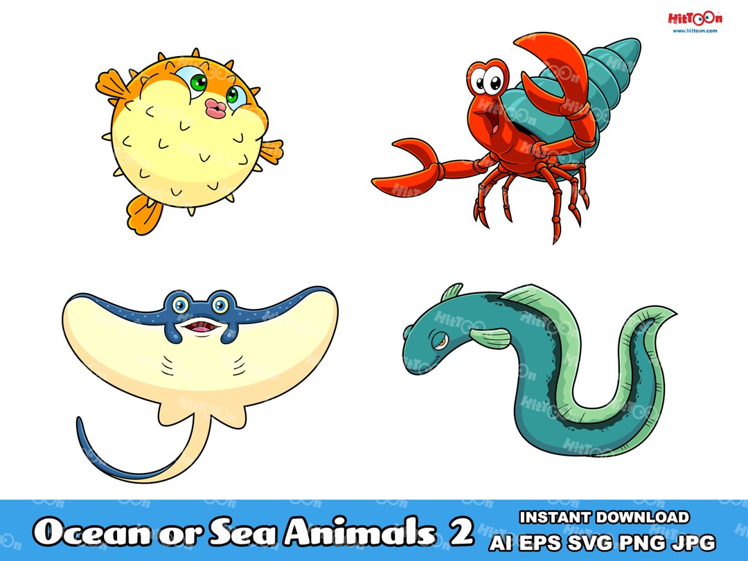Ocean or Sea Animals Cartoon Characters 2. Digital Clip Art Vector ...
