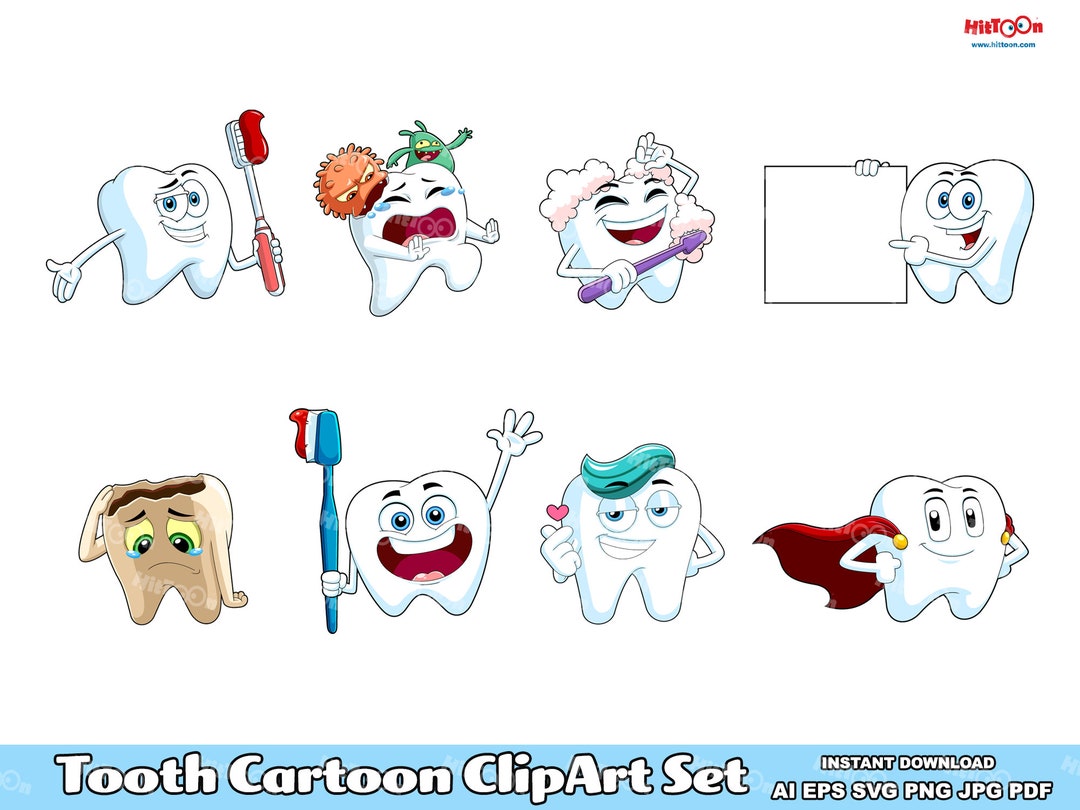 Tooth Cartoon Clipart Set. Digital Vector Hand Drawn Graphic ...