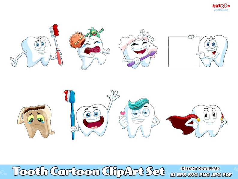 8 Tooth Cartoon Clipart Set - Digital Vector Hand Drawn Graphic Bundle ...