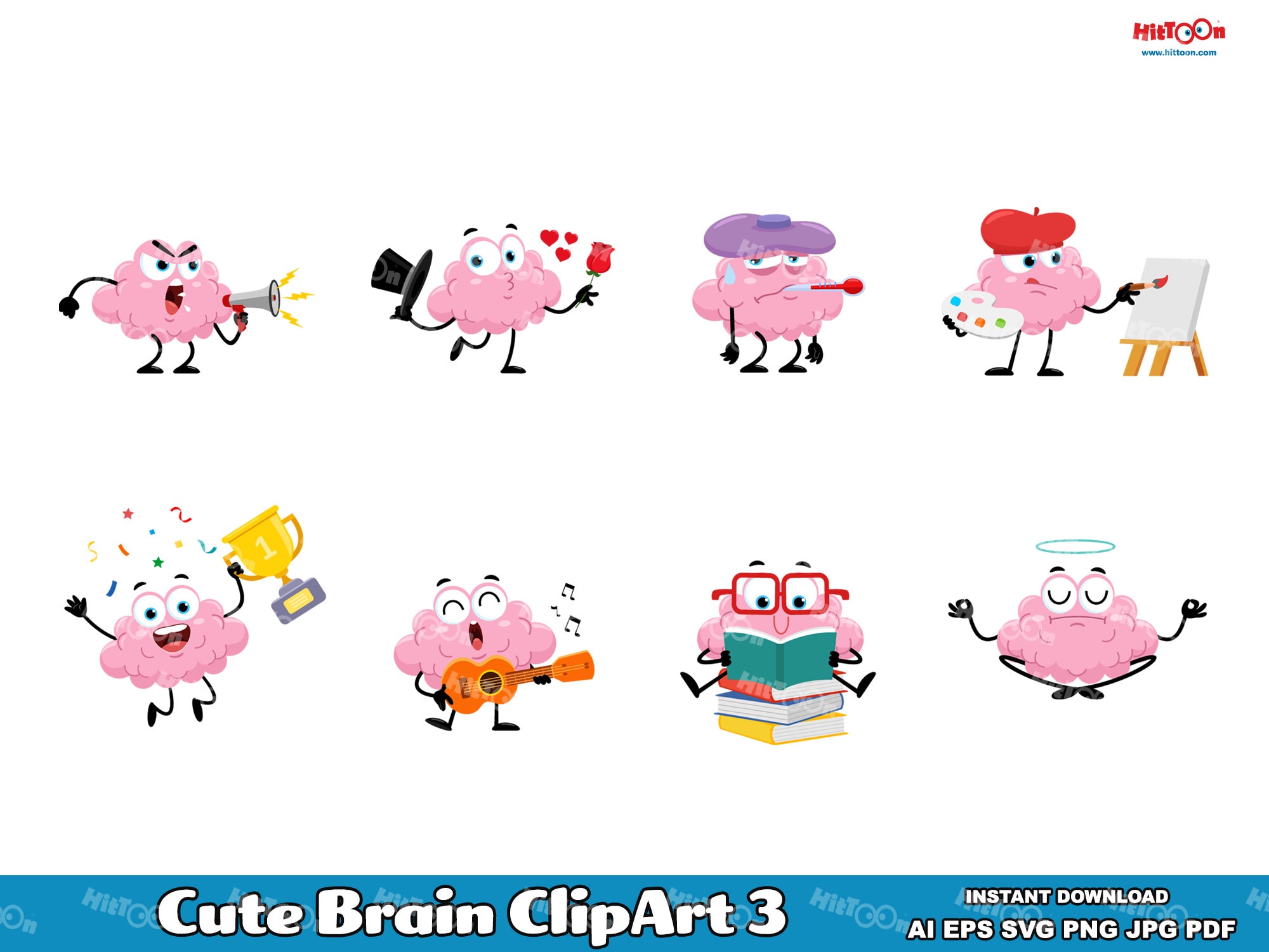 8 Cute Brain Clipart 3. Flat Design Vector Graphic Illustrations Bundle ...