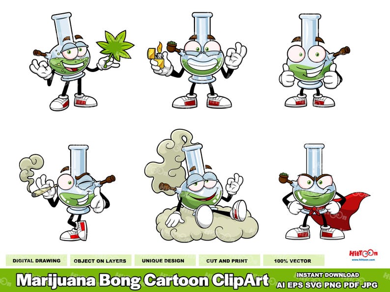 6 Marijuana Bong Cartoon Clipart. Hand Drawn Digital Vector Graphic ...