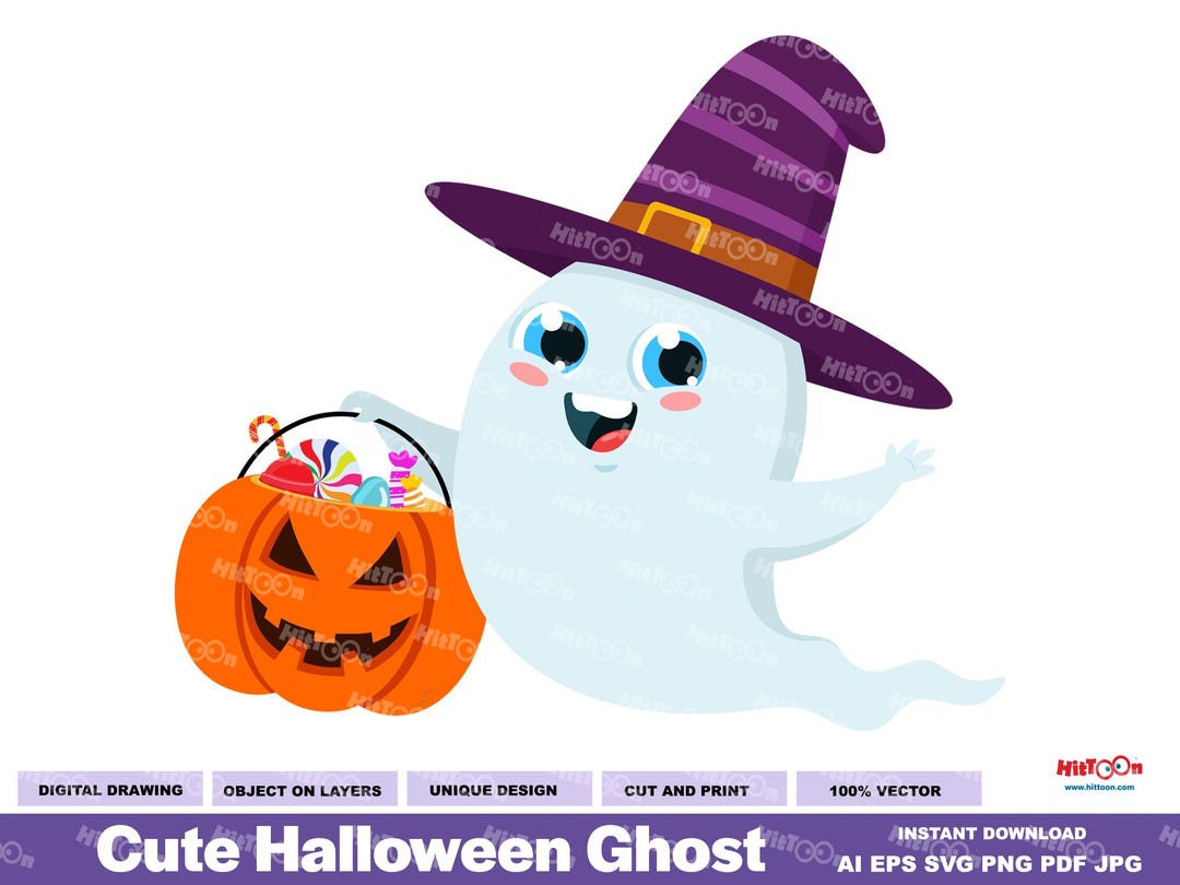 Cute Halloween Ghost Cartoon Clipart - Vector Graphic Illustrations ...