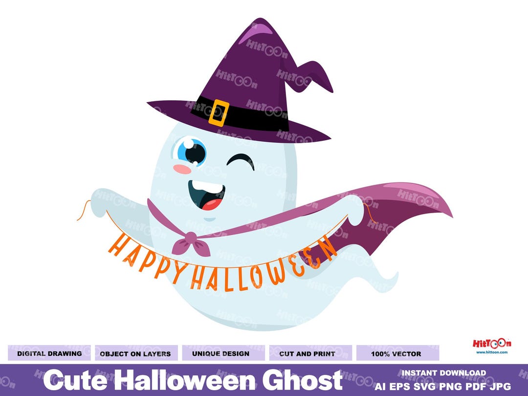 Cute Halloween Ghost Cartoon Clipart - Vector Graphic Illustrations ...