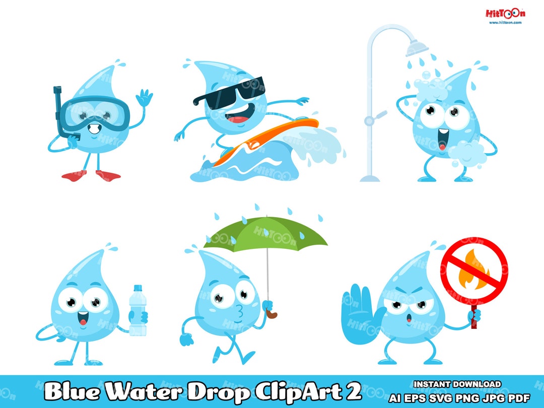 6 Blue Water Drop Cartoon Clipart 2. Flat Design. Vector Graphic ...