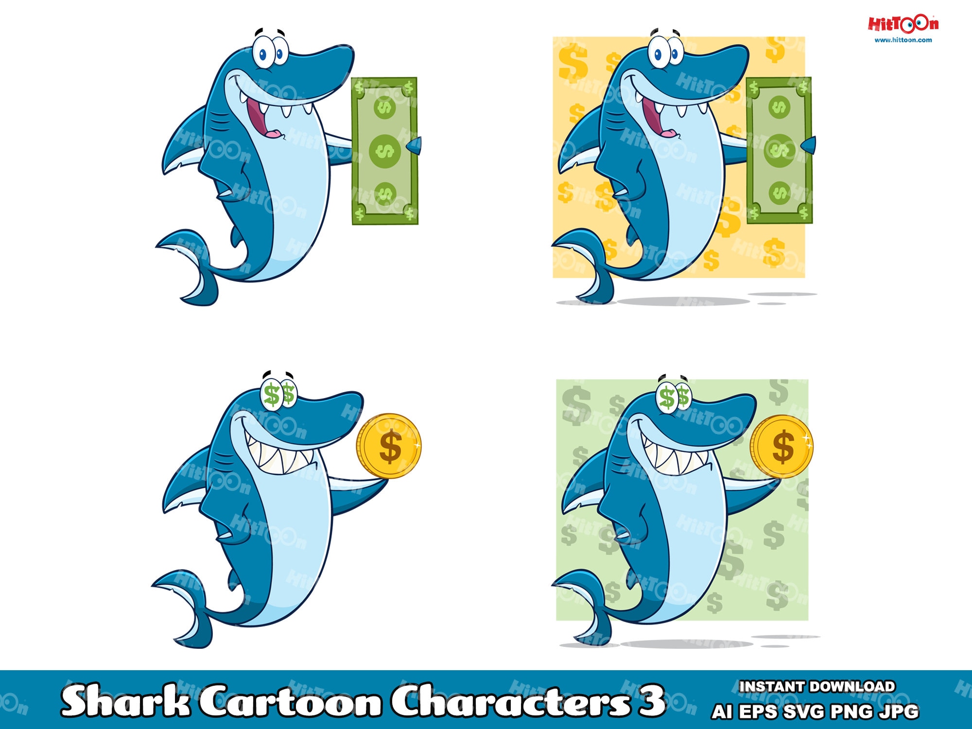 Shark Cartoon Mascot Characters 3. Digital Clip Art Vector Graphic ...
