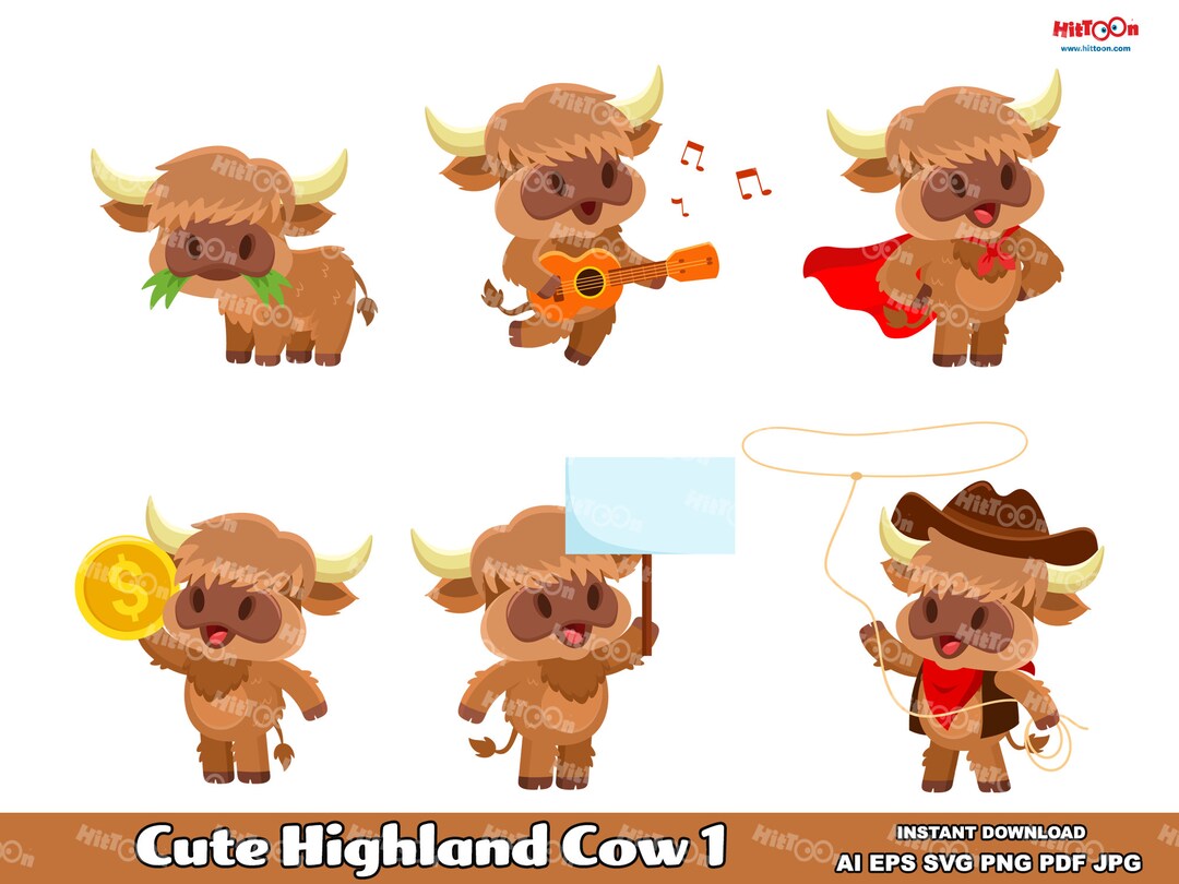 6 Cute Highland Cow 1. Flat Clip Art Vector Graphic Illustrations ...