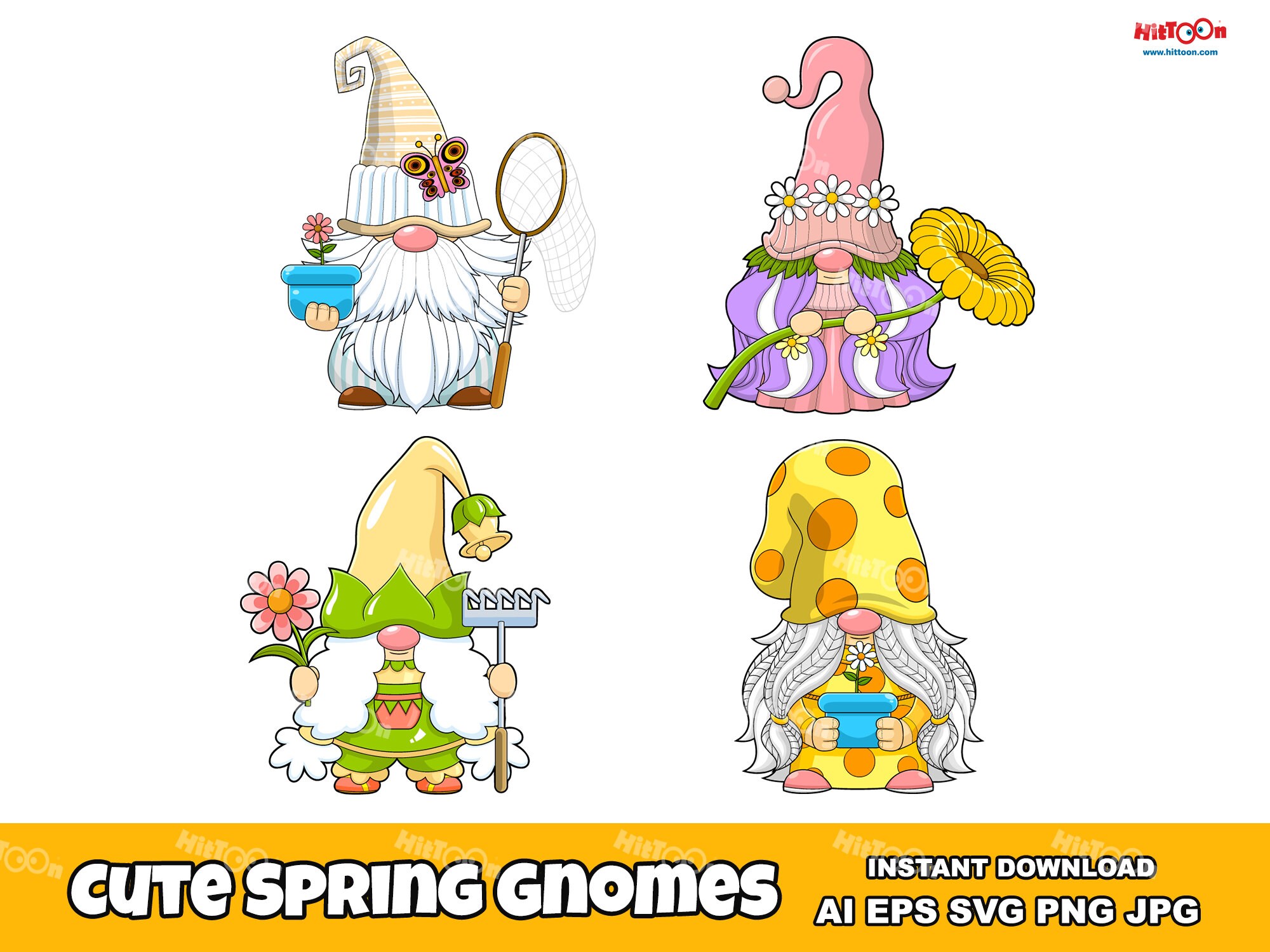 Cute Spring Gnomes Cartoon Characters. Digital Clip Art Vector Graphic ...